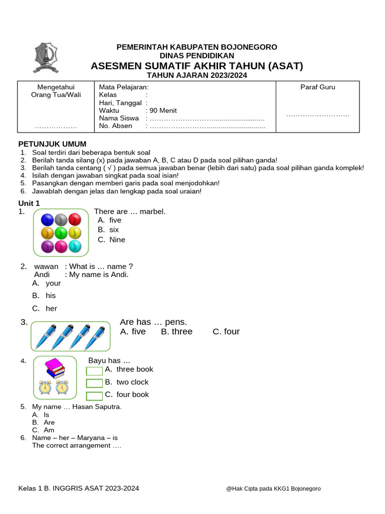 Soal Asat B Inggris Kelas 1 | PDF | Fruit | Vegan Cuisine