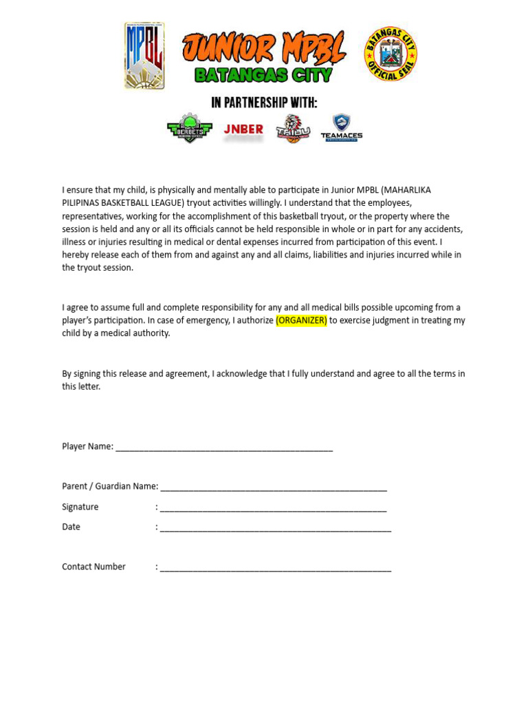 Junior MPBL Tryout Liability Waiver | PDF | Self-Improvement