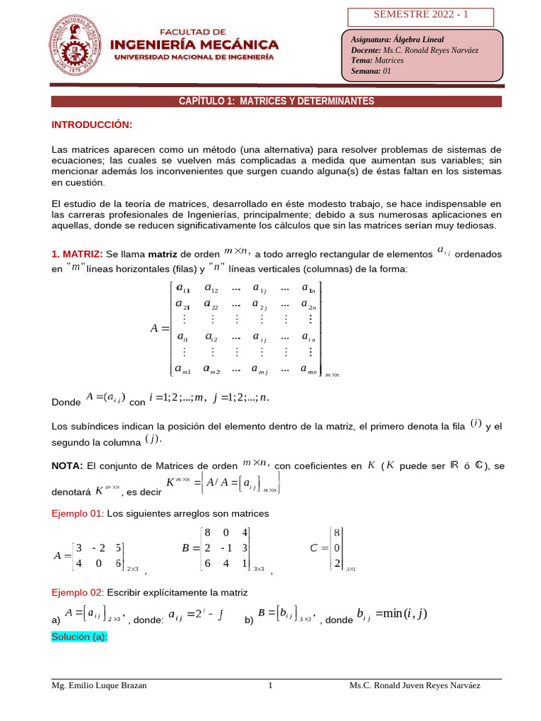 Guía 01 Matrices Operaciones | PDF | Matriz (Matemáticas) | Conceptos matemáticos