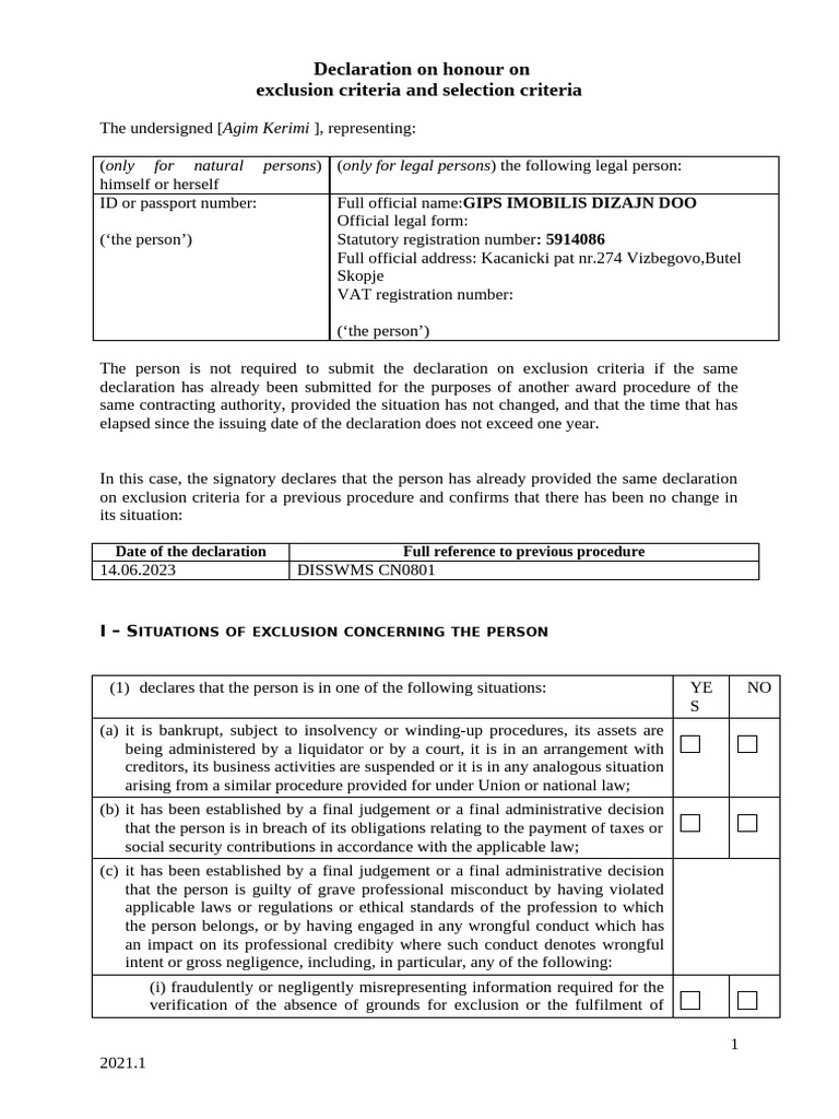 A14a Declaration Honour Procurement en | PDF | European Union | Signature
