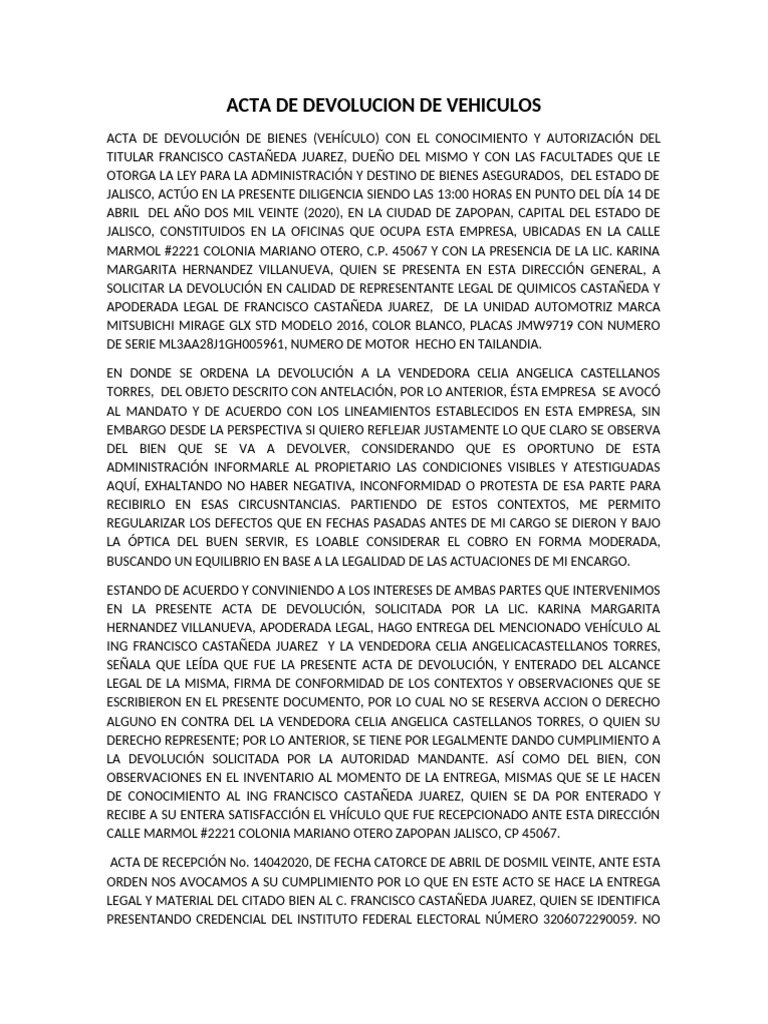 Acta de Devolucion de Vehiculos | PDF