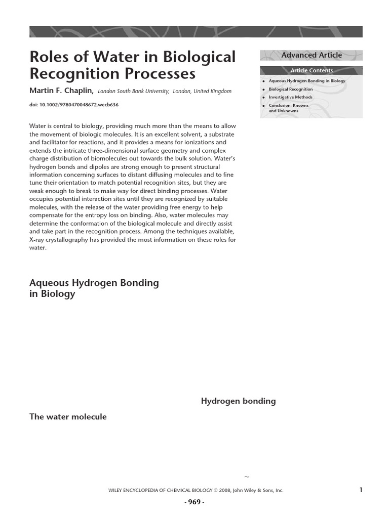 Roles of Water in Biological Recognition Processes | PDF | Hydrogen ...
