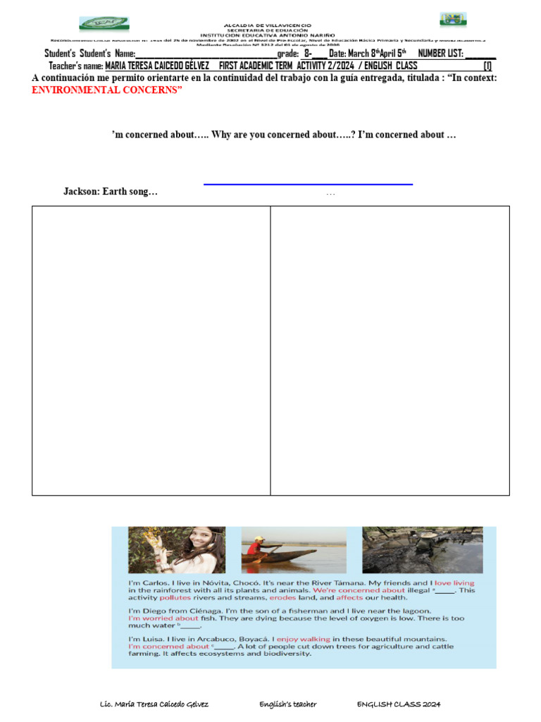 8º Term 1 Worksheet 2 Del 8 de Marzo Al 5 de Abril | PDF | Natural ...