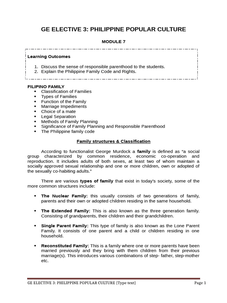 Ge Elec Filipino Family Module | PDF | Birth Control | Social Institutions