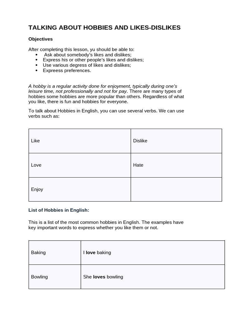 Discussing Hobbies and Preferences | PDF | Hobbies | Drink