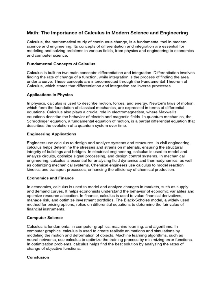 Math - The Importance of Calculus in Modern Science and Engineering ...