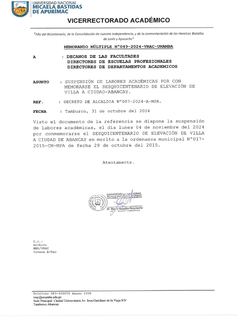 Memorando Multiple Nº049-2024-Vrac-Unamba | PDF