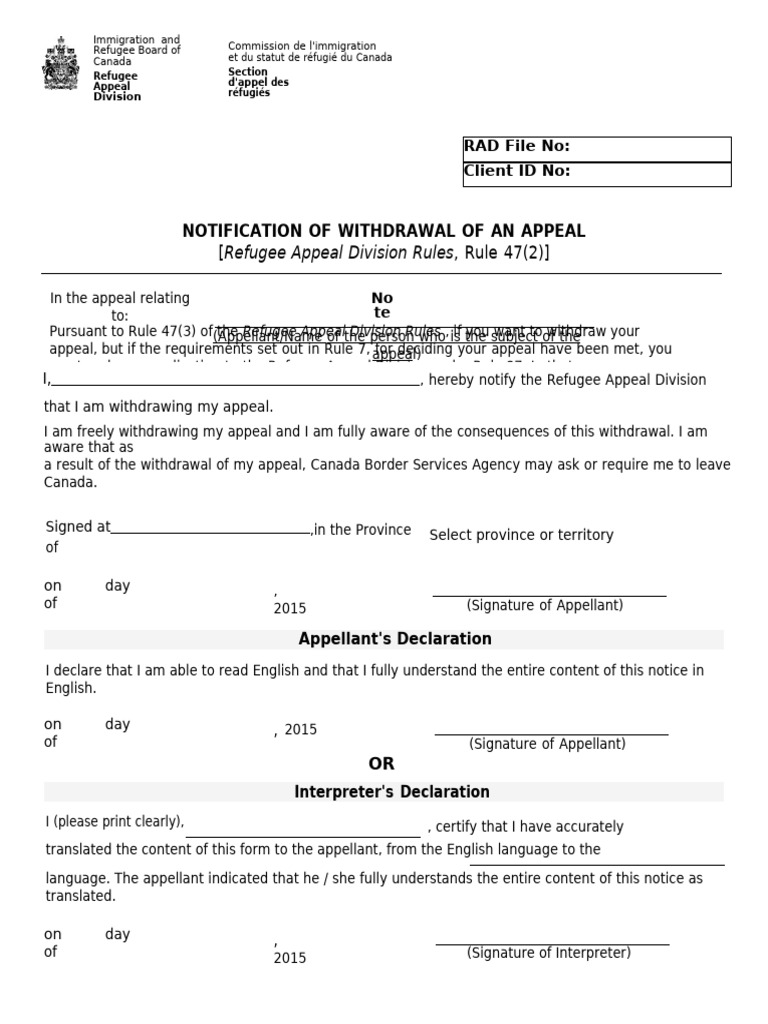Main - Form Rad 22 01 Notification of Withdrawal of An Appeal Canada ...