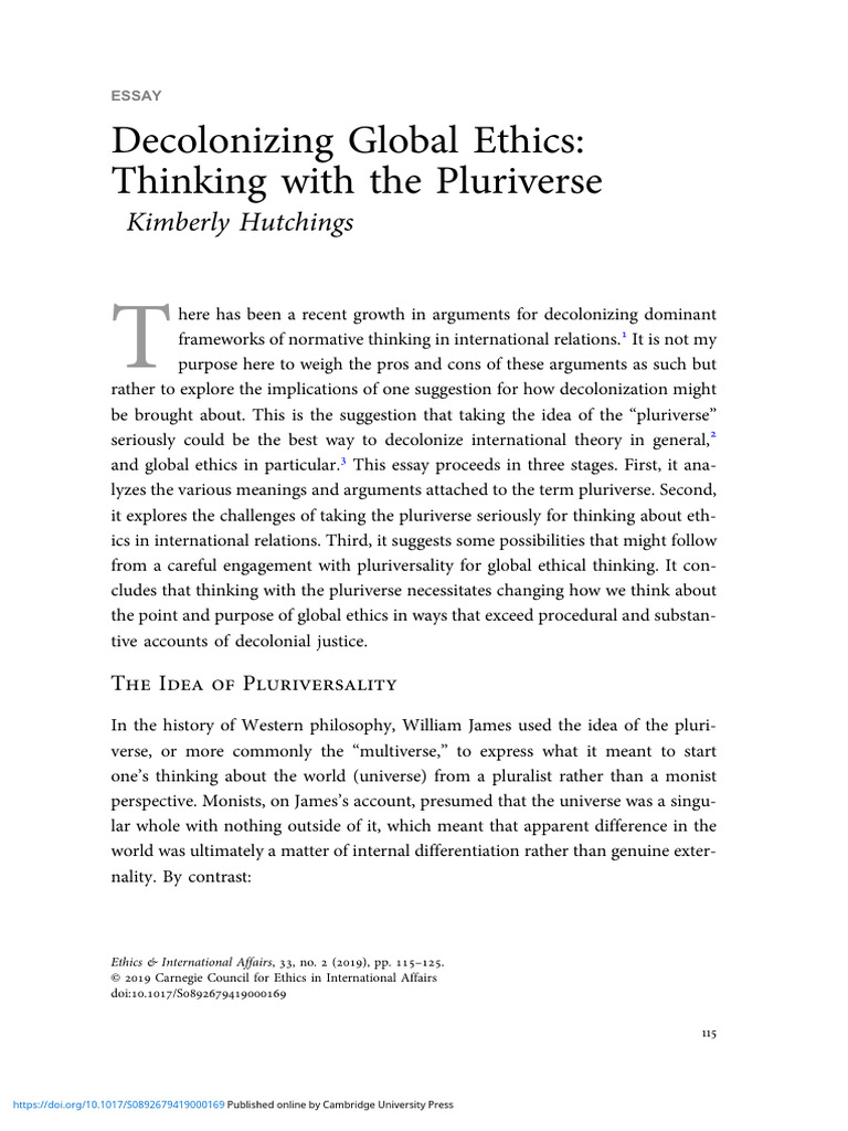 Hutchings - 2019 - Decolonizing Global Ethics Thinking With The Plur | PDF | Ontology | Thought