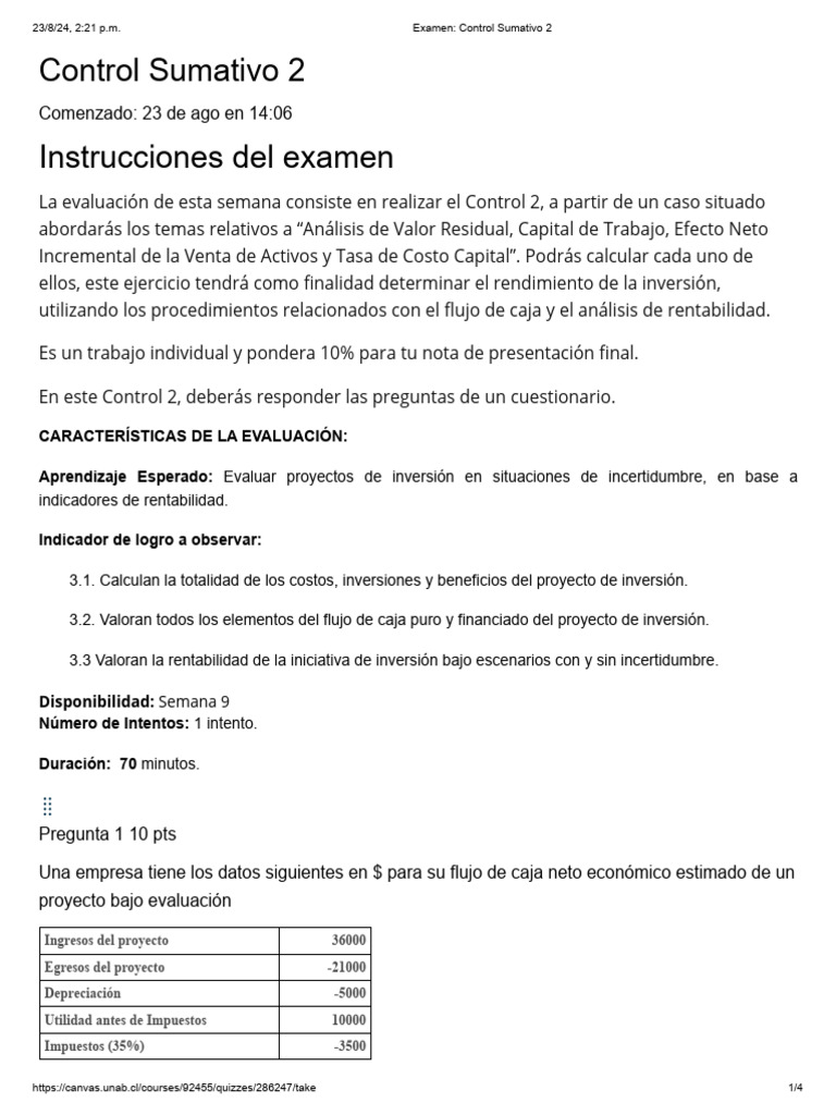 Examen - Control Sumativo 2 | PDF | Flujo de efectivo | Depreciación