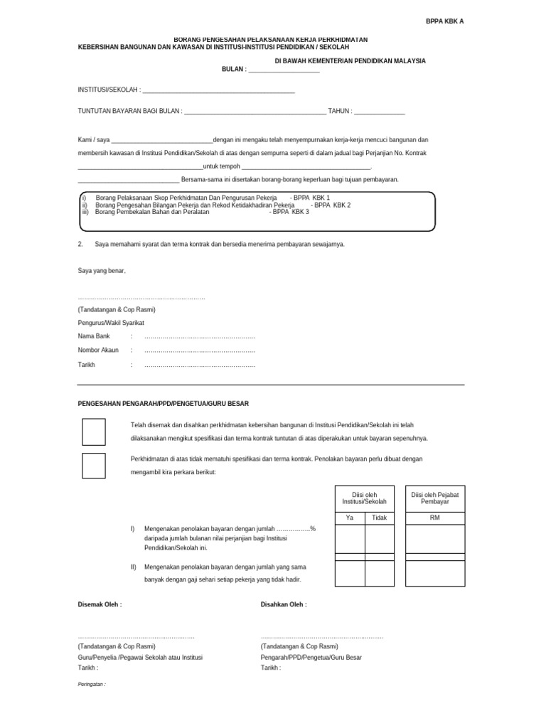 Borang Pengesahan Pelaksanaan Kerja Perkhidmatan Kebersigan Bangunan ...