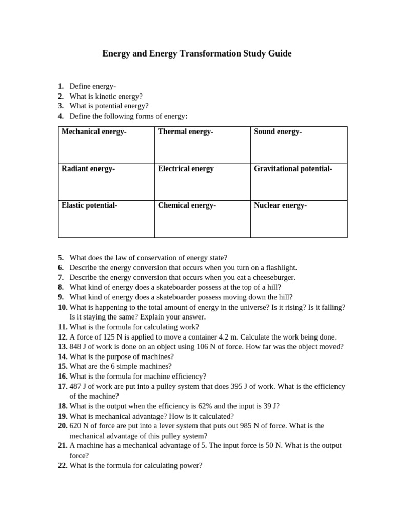 Energy, Work, Power Study Guide | PDF | Teaching Methods & Materials ...