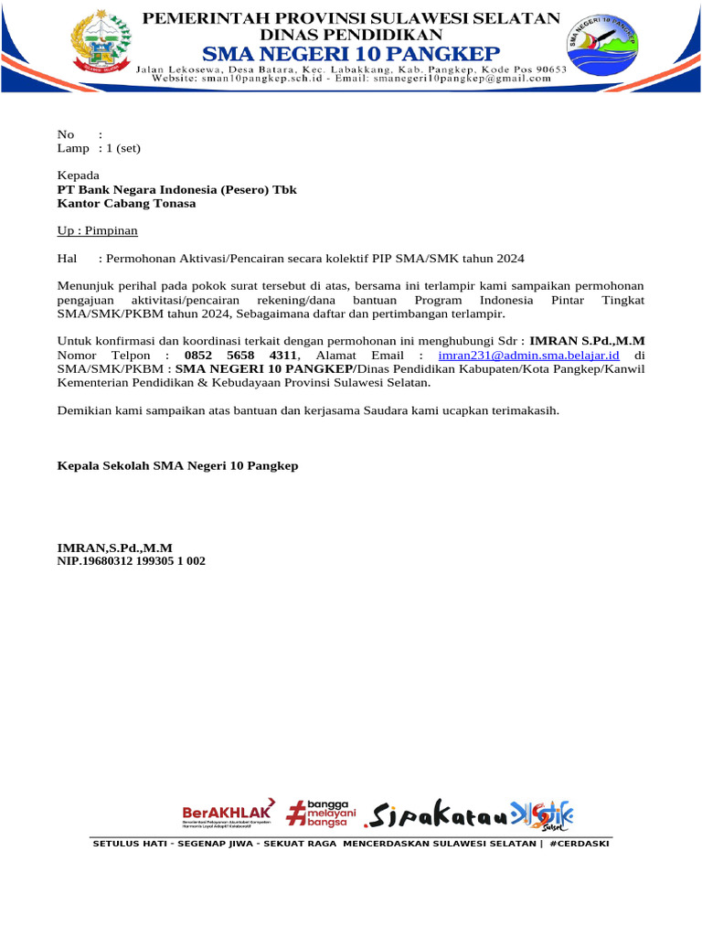 Surat Permohonan Aktivasi Pip Tahap Nom 07 2024 | PDF