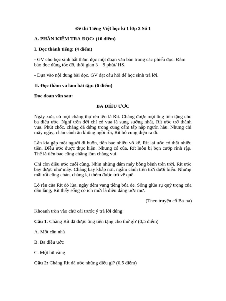 Bo de Thi Tieng Viet Lop 3 Hoc Ki 1 Canh Dieu | PDF