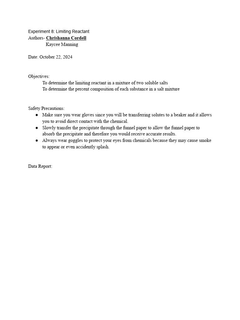 Experiment:8 Limiting Reactant | PDF | Science & Mathematics
