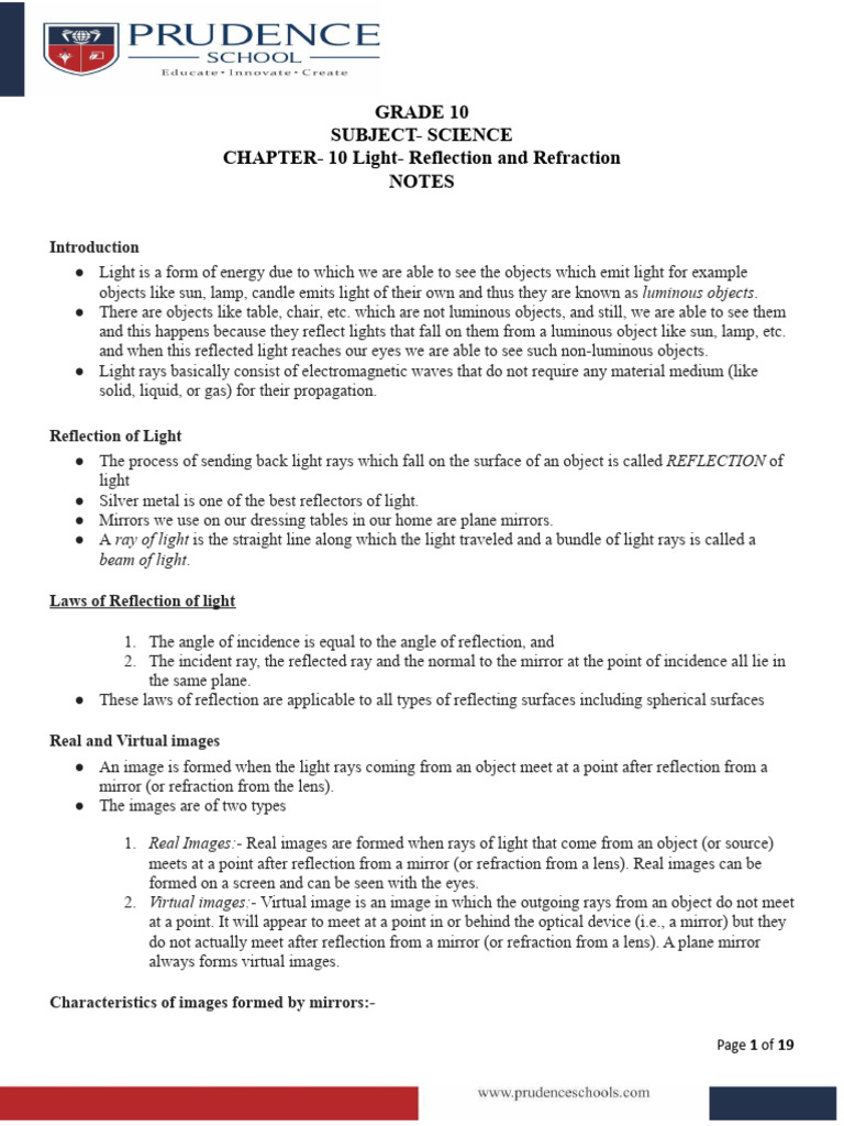 Light Reflection and Refraction Notes | PDF | Mirror | Reflection (Physics)
