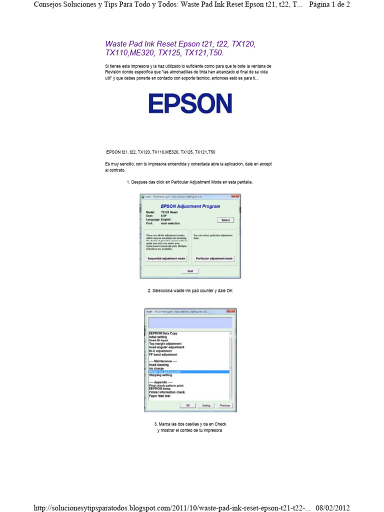Waste Pad Ink Reset Epson t21 t22 TX | PDF | Negocios