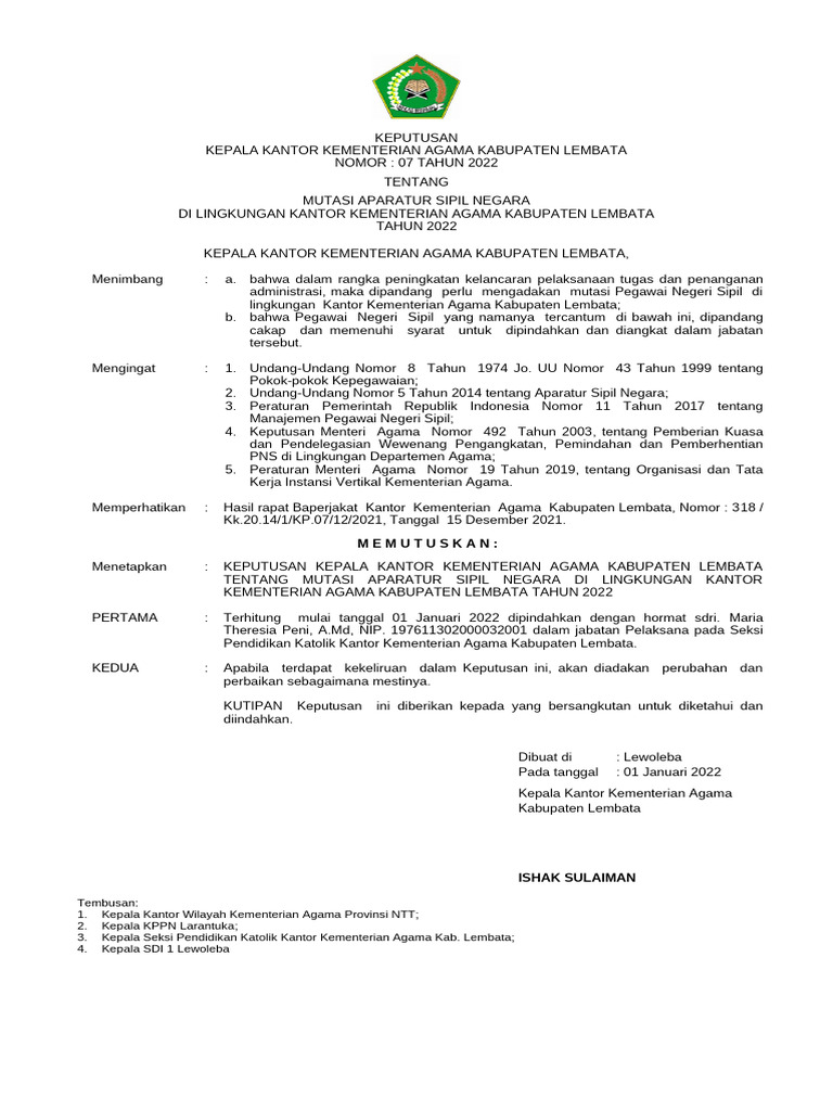 SK Mutasi Maria Teresia Peni Perbaikan | PDF