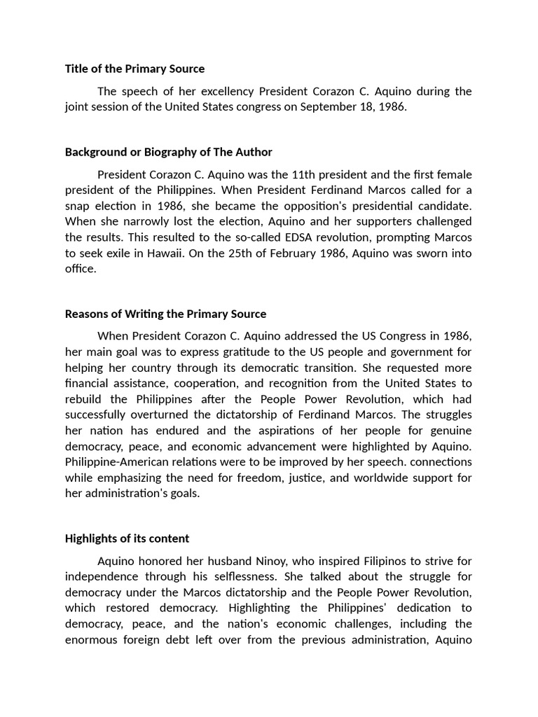 Title of The Primary Source | PDF | Corazon Aquino | Government