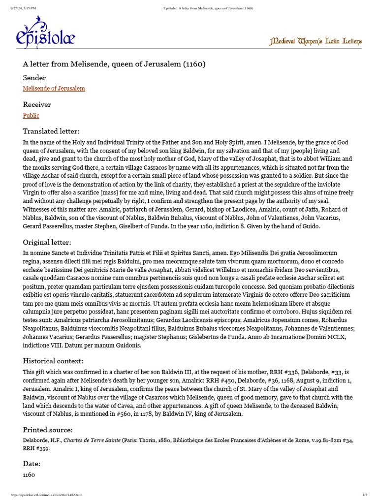 Epistolae - A Letter From Melisende, Queen of Jerusalem (1160) | PDF