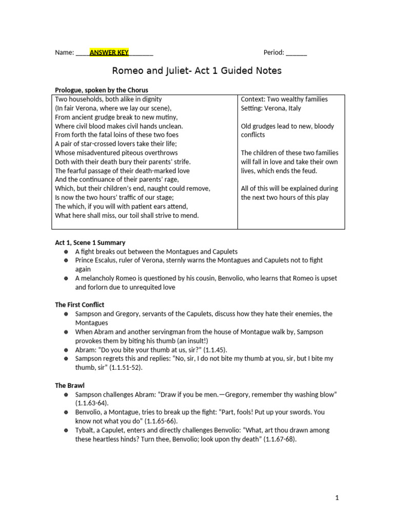 R-J Act 1 Guided Notes Answer Key | PDF | Characters In Romeo And ...