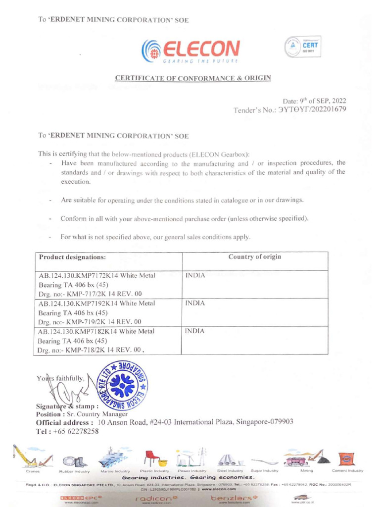 Elecon Cert of Origin and Conformance | PDF