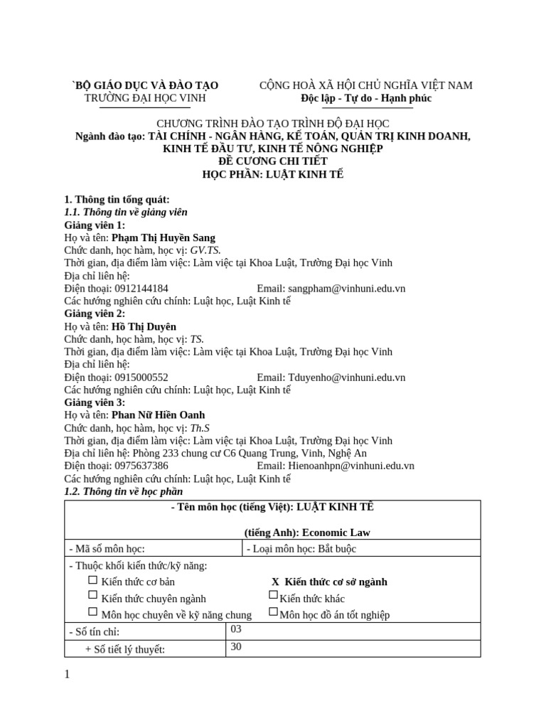 Đề cương - Luật. Kinh tế - CDIO - 10 tuần | PDF