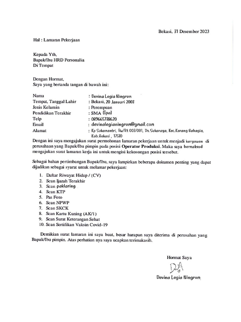 CV - Devina Legia.n (Operator Produksi) | PDF