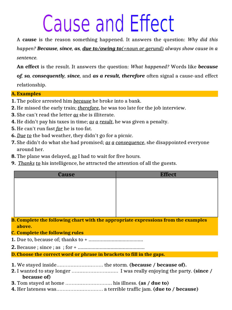 Cause and Effect Grammar Exercises | PDF | Grammar | Linguistics