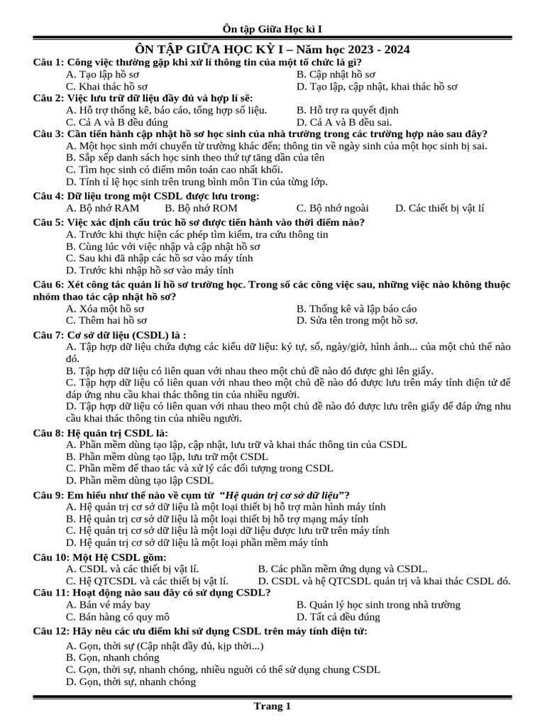 Khoi 12 - de Cuong Giua HK1 2 | PDF