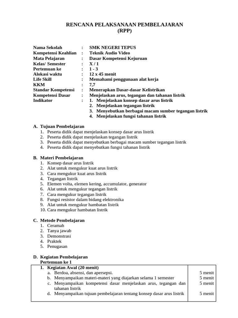 RPP KD1 Kelistrikan | PDF