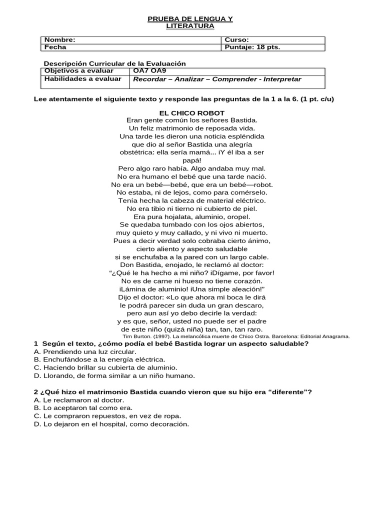 Prueba Formativa 2 Lenguaje 8° Básico | PDF | Violencia