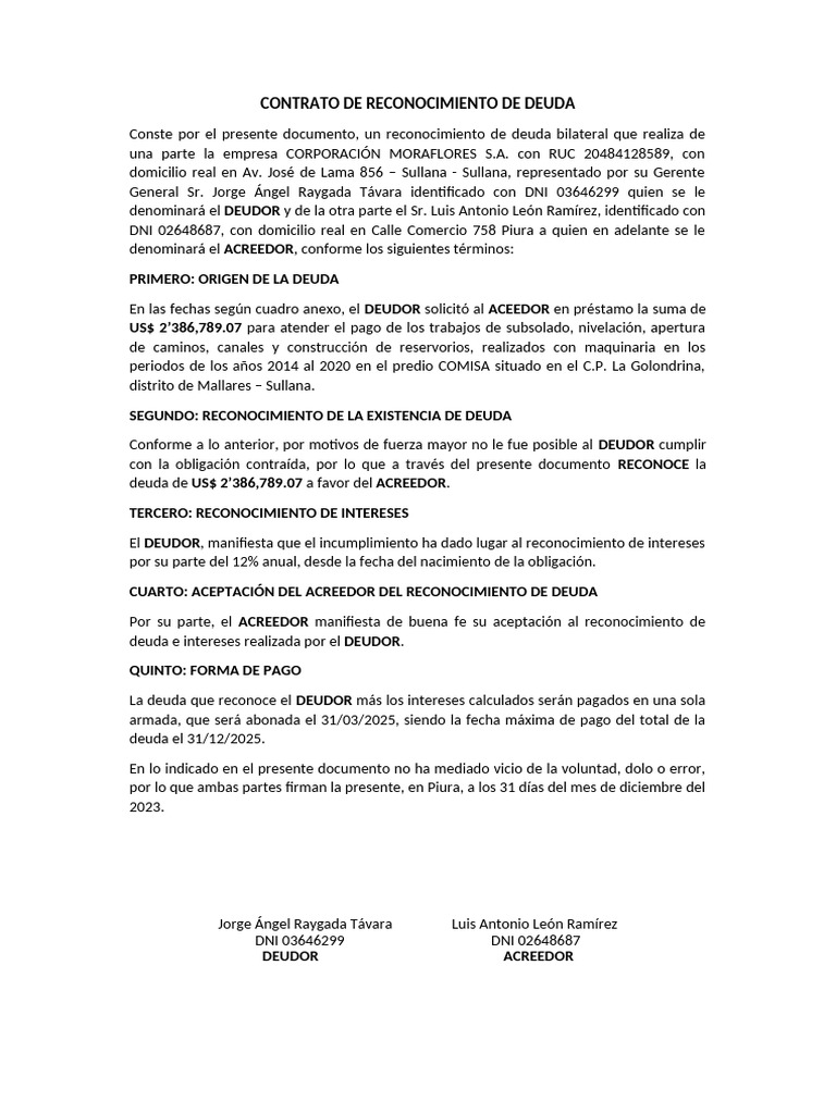 Contrato de Reconocimiento de Deuda | PDF | Responsabilidad (contabilidad financiera) | Deuda