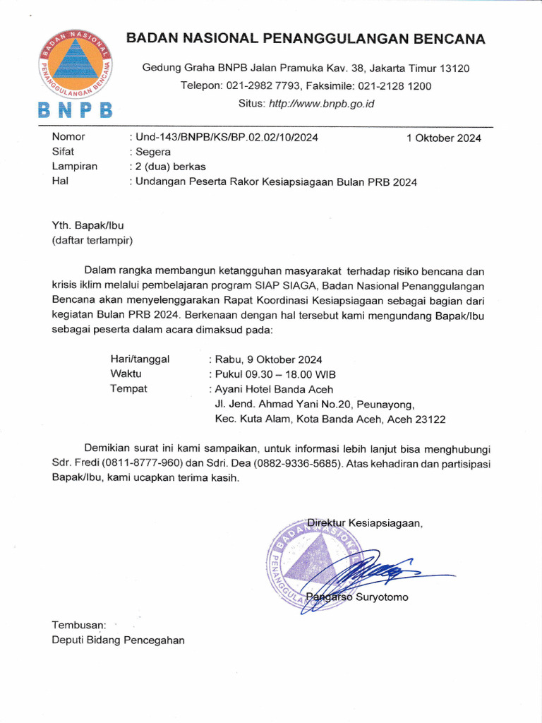 UNDANGAN PESERTA RAKOR KESIAPSIAGAAN BULAN PRB 2024 | PDF