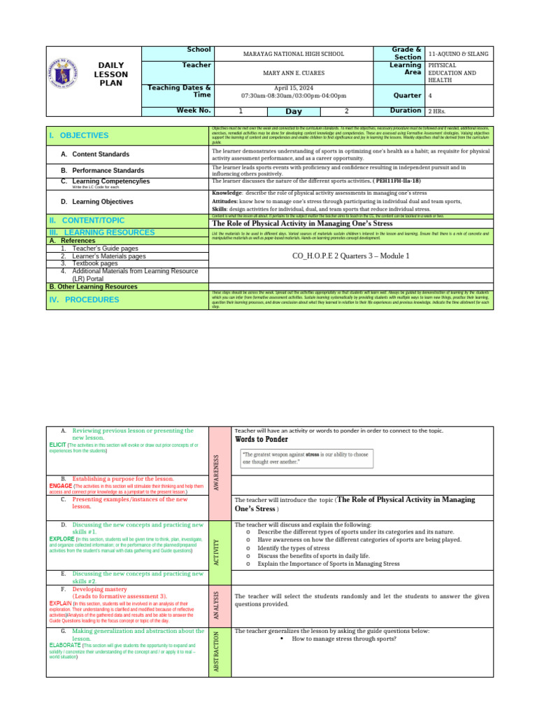 Q3 - PE11 - Week 1-DAILY LESSON PLAN | PDF | Learning | Educational Assessment