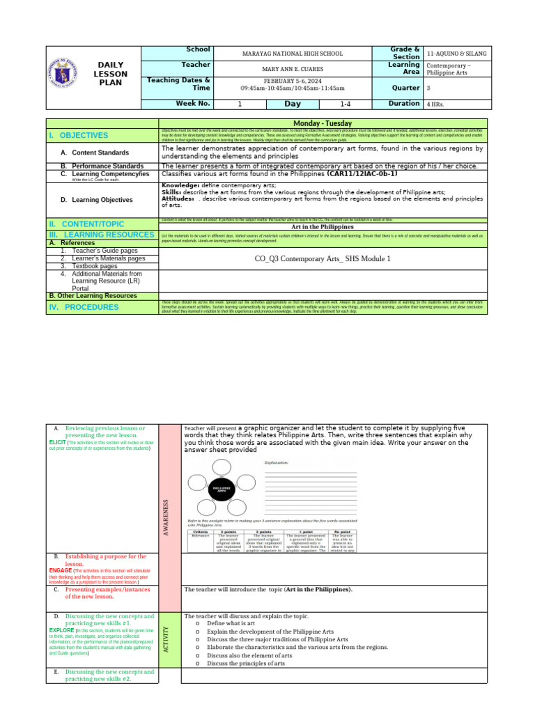 Grade 11 Contemporary Arts Plan | PDF | Learning | Teachers