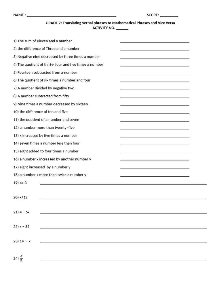 Translating Verbal to Mathematical Phrases | PDF | Numbers | Mathematics