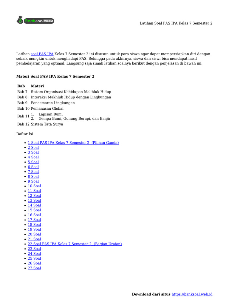 Latihan Soal PAS IPA Kelas 7 Semester 2 | PDF