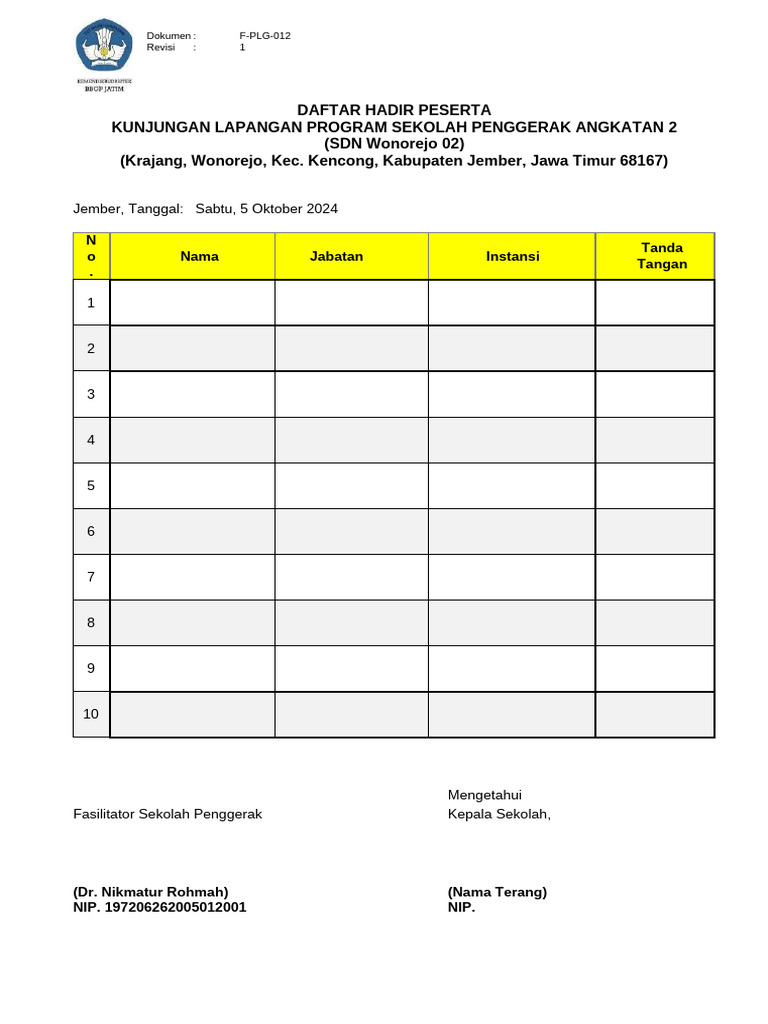 Daftar Hadir Kunjungan Lapangan | PDF