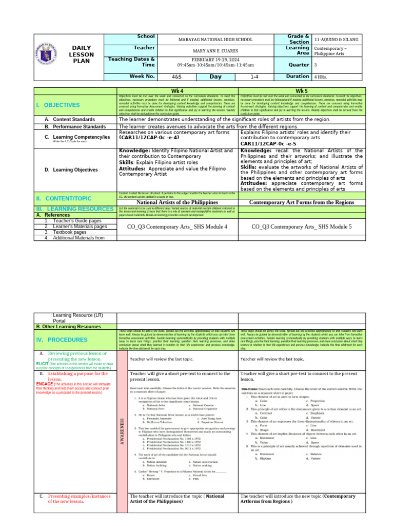 q3 - Contemporary Arts - Week 4&5-DAILY LESSON PLAN | PDF | Learning ...