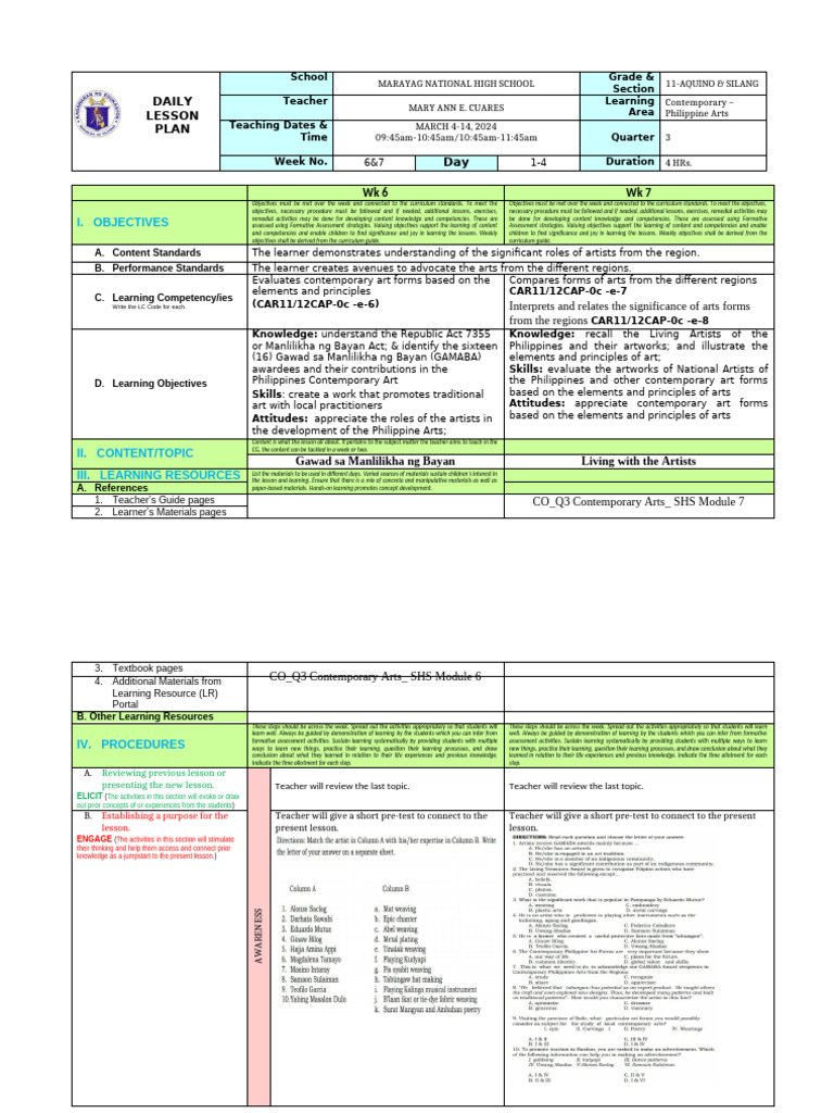 q3 - Contemporary Arts - Week 6&7-DAILY LESSON PLAN | PDF | Learning ...