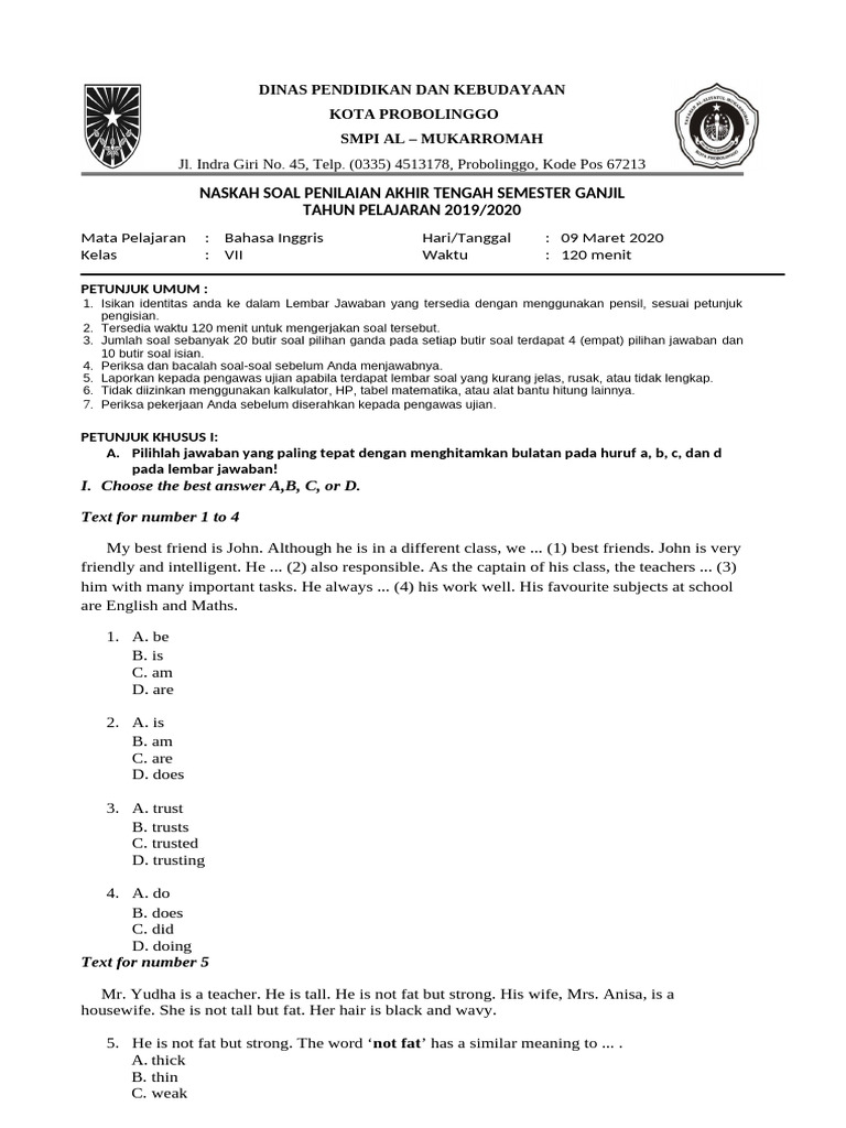 Bahasa Inggris Vii Soal PTS Genap 2020 | PDF | Language Arts & Discipline