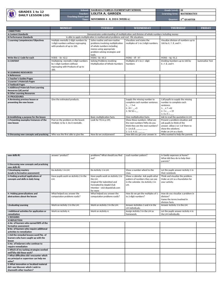 DLL - Mathematics 3 - Q2 - W6 | PDF | Learning | Teachers