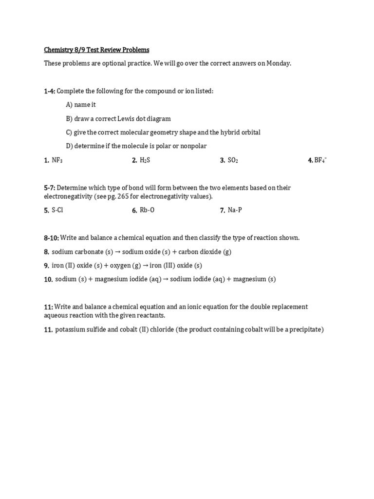 Chemistry Test Review: Lewis Diagrams & Reactions | PDF | Teaching ...