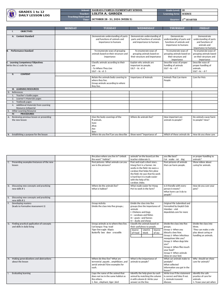 DLL - Science 3 - Q2 - W5 | PDF | Learning