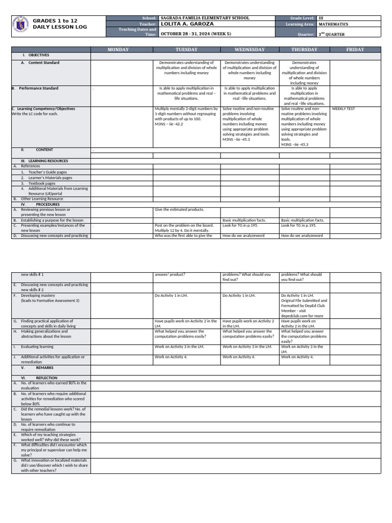 DLL - Mathematics 3 - Q2 - W5 | PDF | Learning | Multiplication