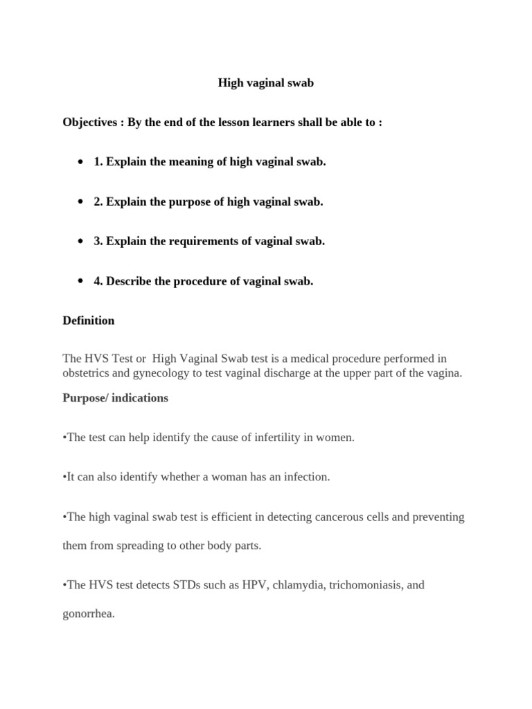 High Vaginal Swab Procedure Overview | PDF | Vagina | Gynaecology