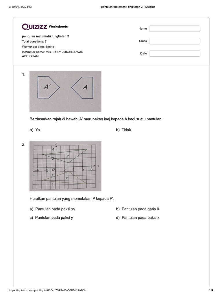 Pantulan Matematik Tingkatan 2 - Quizizz | PDF