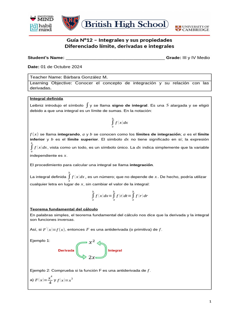 Guía N°12 - Integrales y Sus Propiedades (Electivo Límites U2) | PDF ...