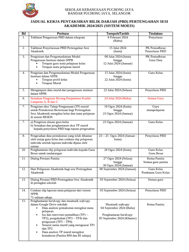 Jadual Kerja PBD Pertengahan Sesi Akademik 2023 | PDF